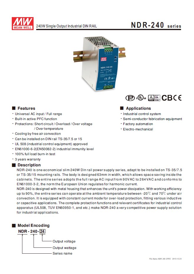 Meanwell NDR-240-24 24V 10A DIN Rail Power Supply